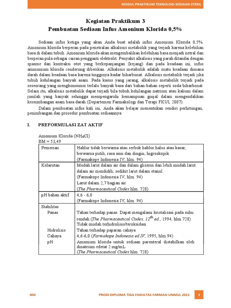 MODUL IV - Praktikum 3 Pembuatan Sediaan Infus Amonium Klorida 0,5% | PDF