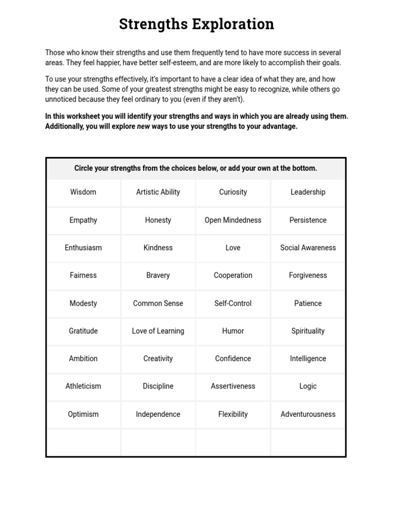 Strengths Exploration Worksheet PDF | PDF | Career & Growth | Science ...