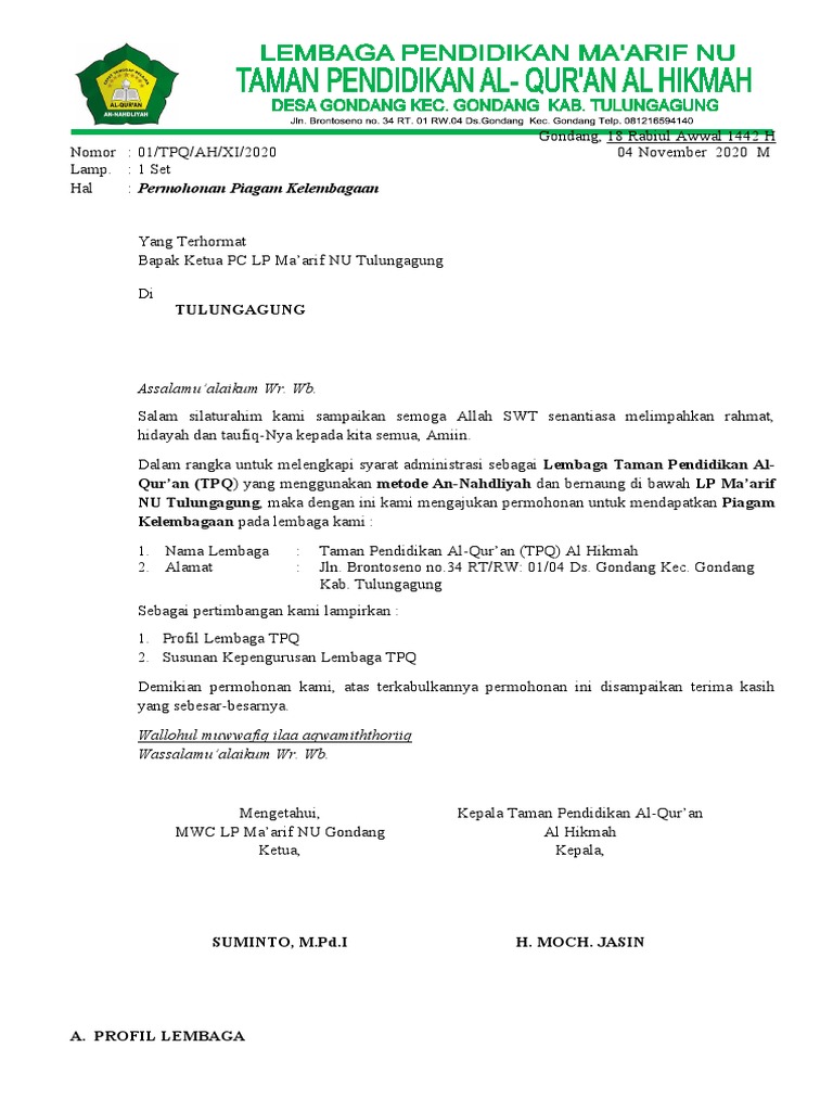 Kelengkapan Pengajuan Piagam Kelembagaan TPQ | PDF