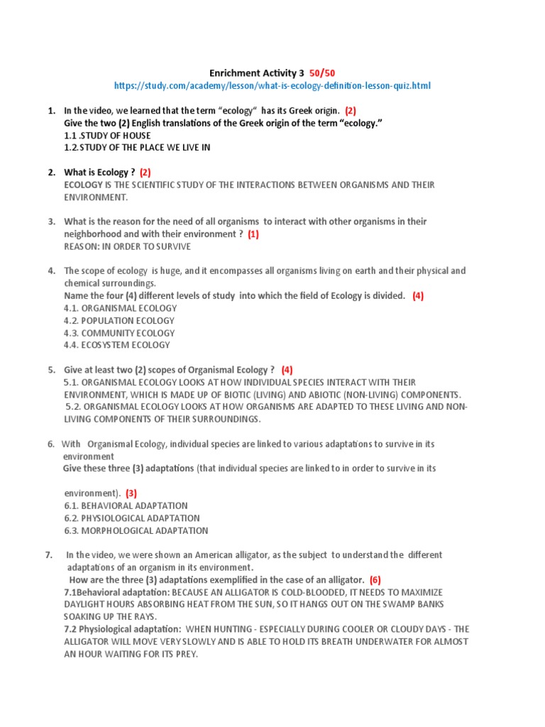 Enrichment Activity 3 ANSWERS | PDF | Ecology | Natural Environment