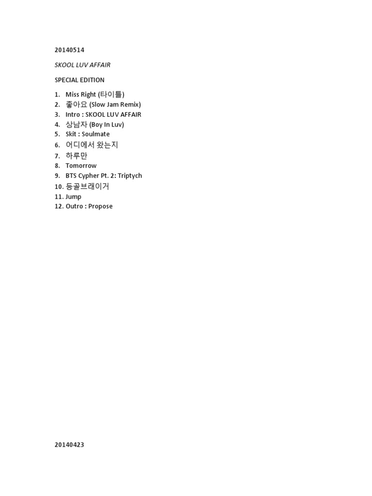 Bts Song Tracklist | PDF | Pop Music | African American Music