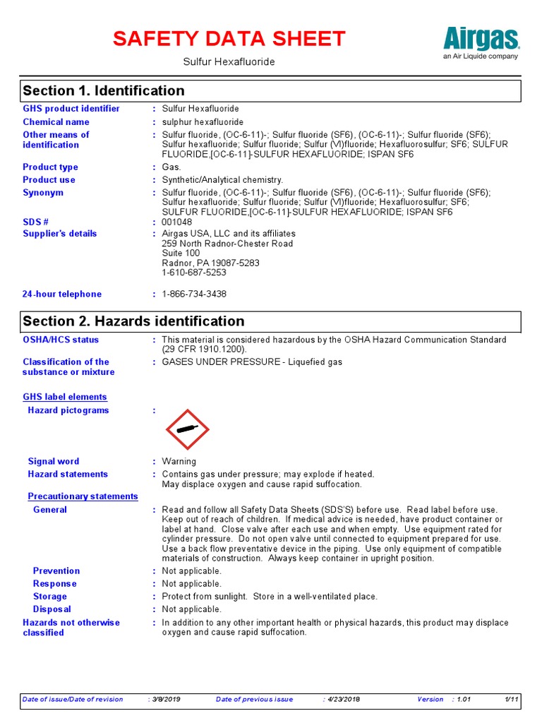 Safety Data Sheet: Section 1. Identification | PDF | Dangerous Goods | Firefighting