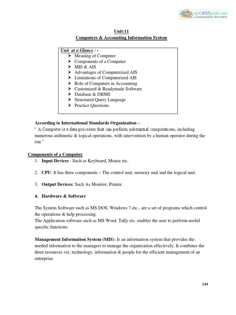 Unit:11 Computers & Accounting Information System: Unit at A Glance ...