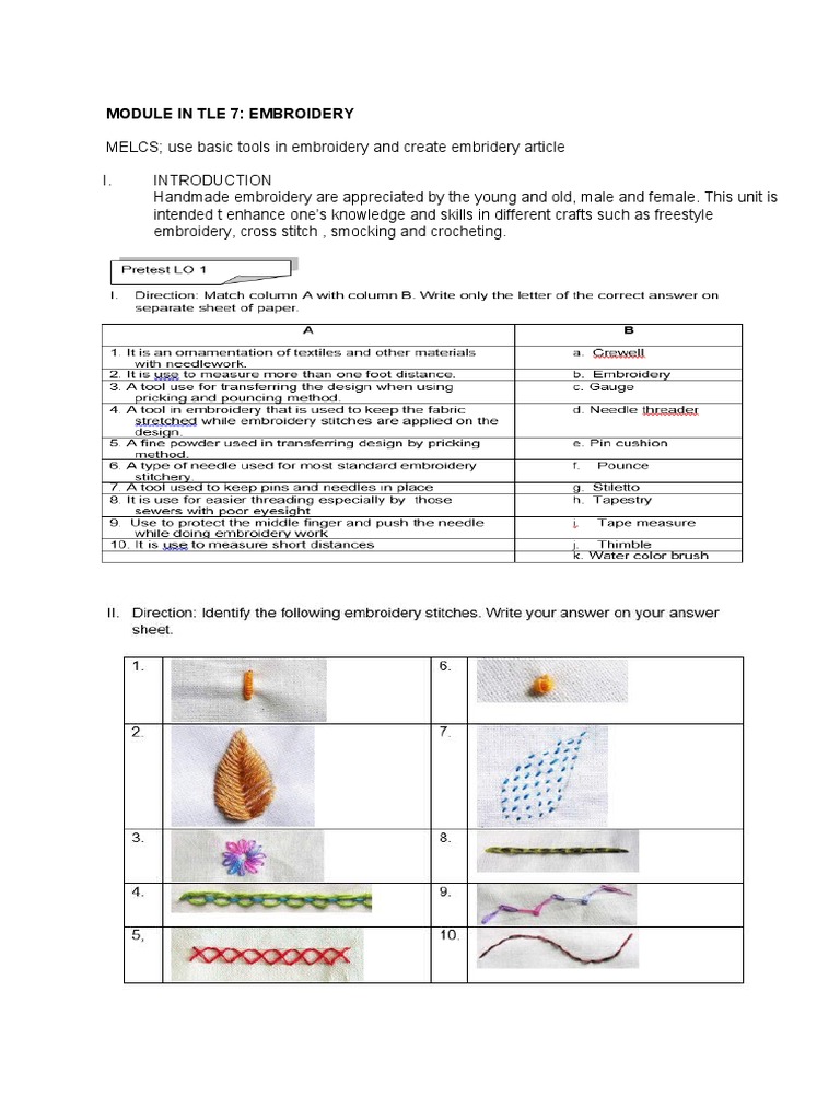 TLE 7: Embroidery Techniques and Tools | PDF | Embroidery | Yarn