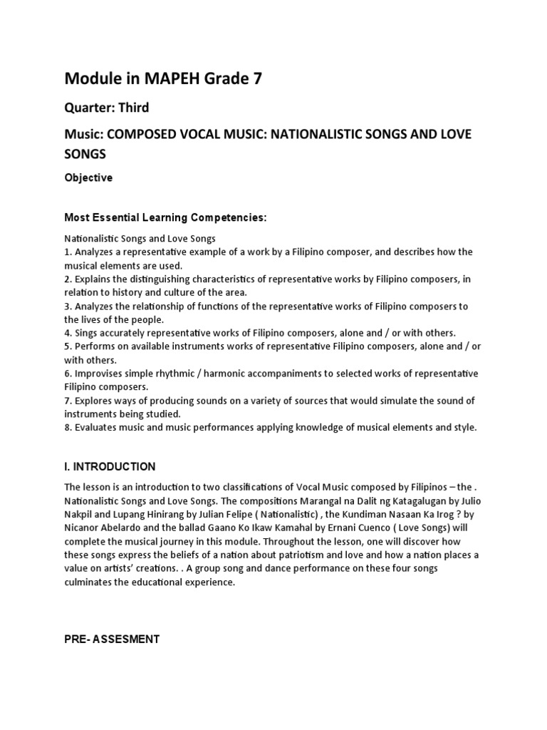 MAPEH Grade 7: 3rd Quarter Music Module | PDF | Philippines ...