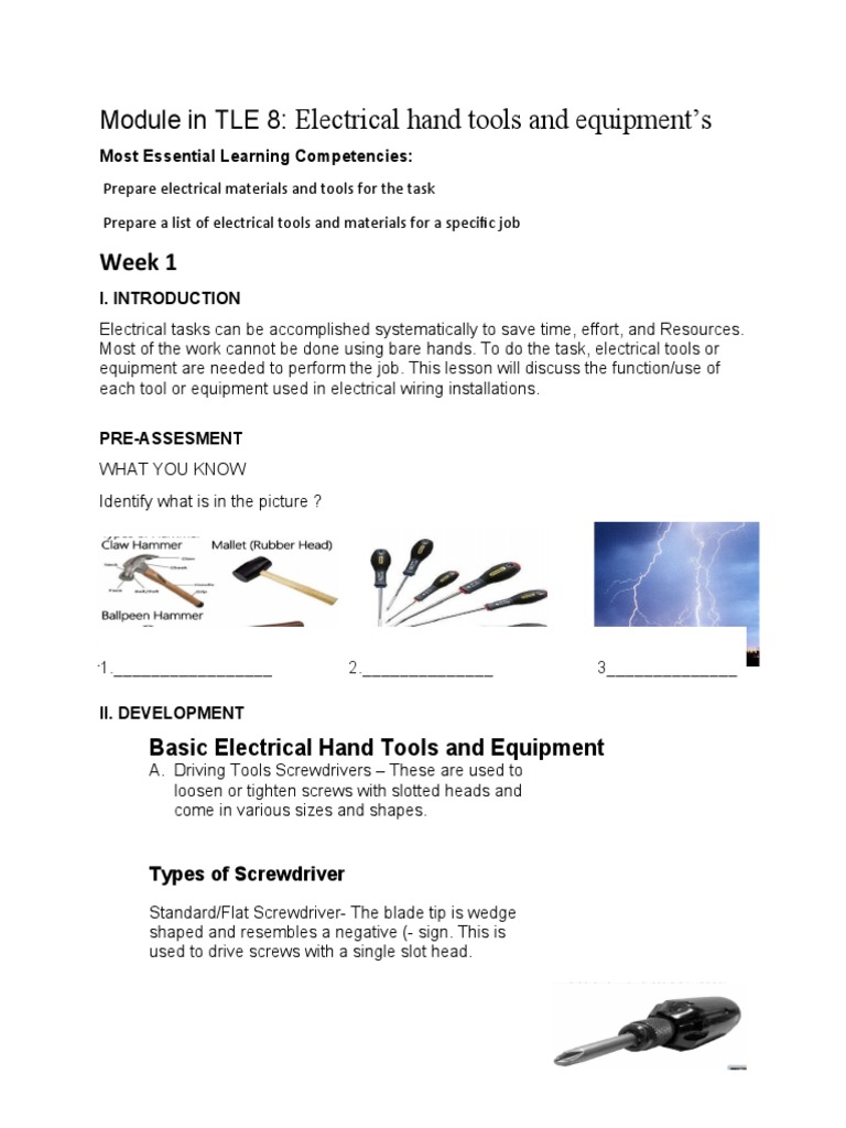 Classification and Functions of Common Electrical Hand Tools and ...