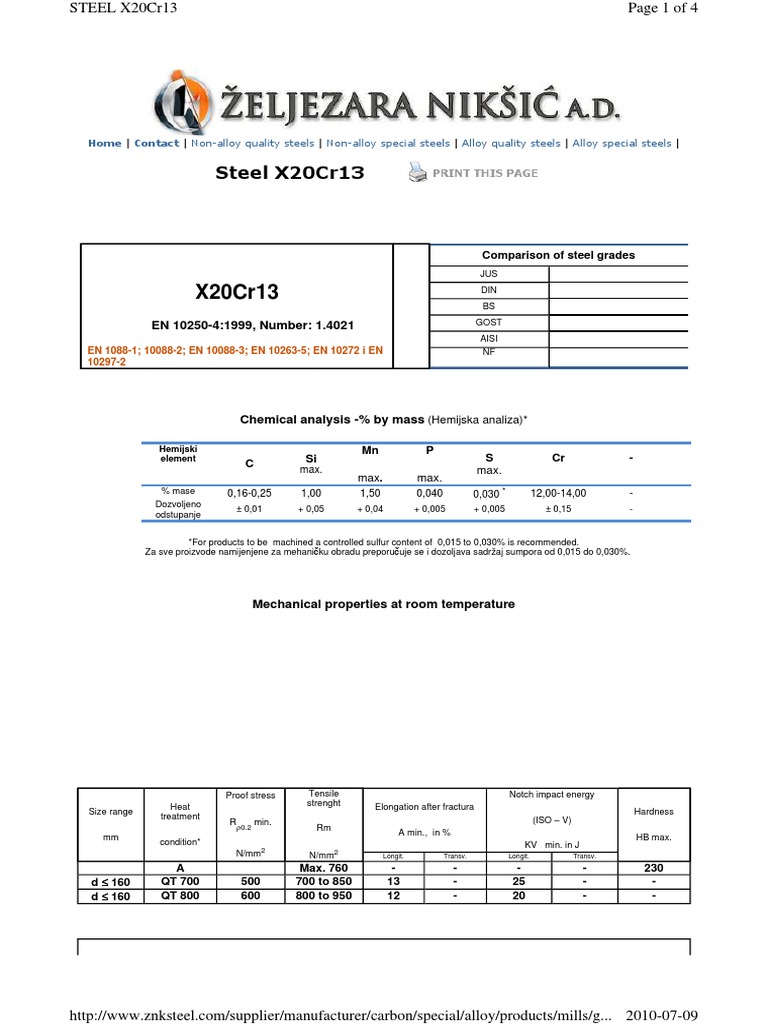 Steel X20Cr13: EN 10250-4:1999, Number: 1.4021 | Download Free PDF ...