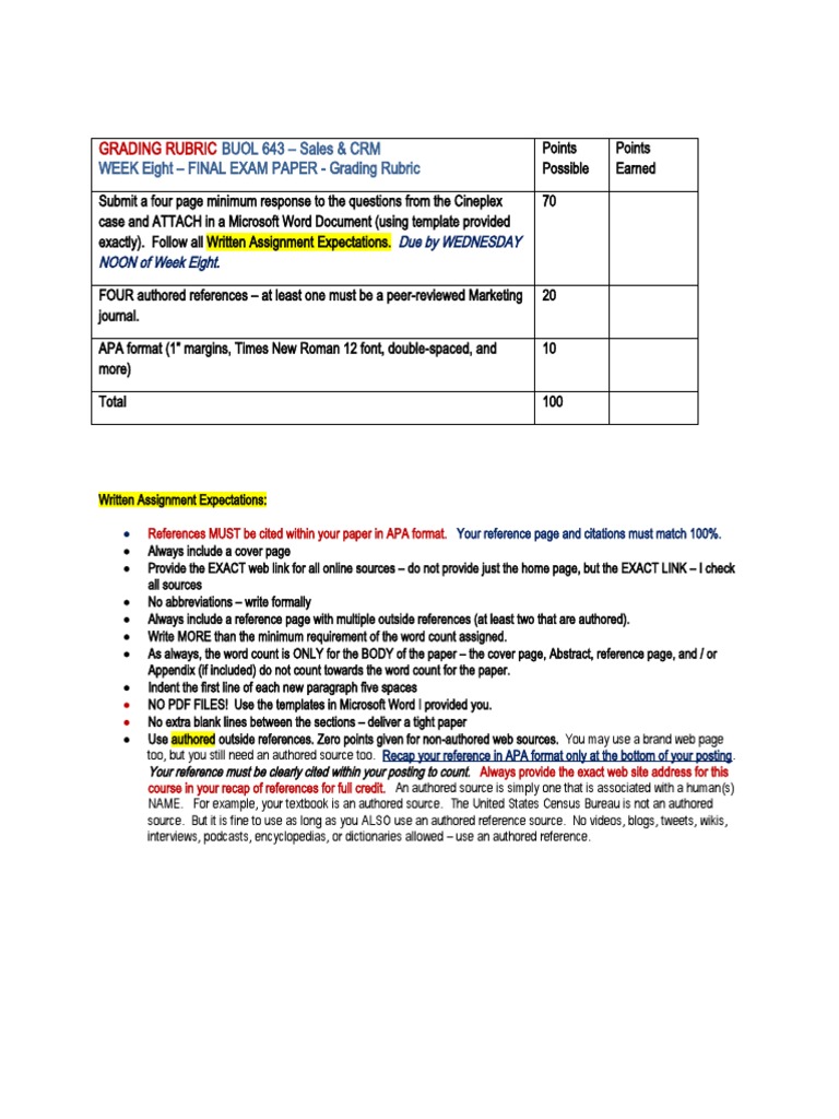 WEEK Eight - FINAL EXAM PAPER - Grading Rubric | PDF | Microsoft Word ...
