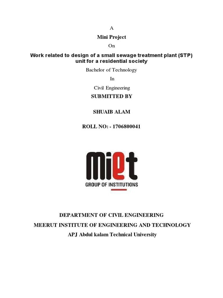 Mini Project: Work Related To Design of A Small Sewage Treatment Plant ...