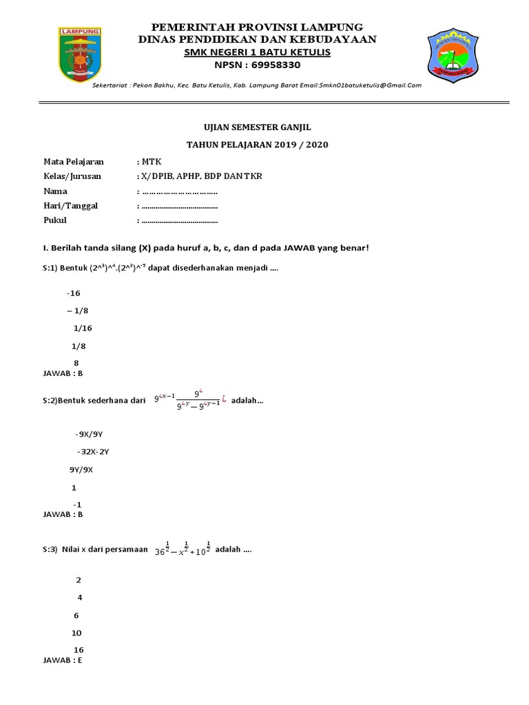 Soal Uas MTK SMT.1 KLS 10 | PDF