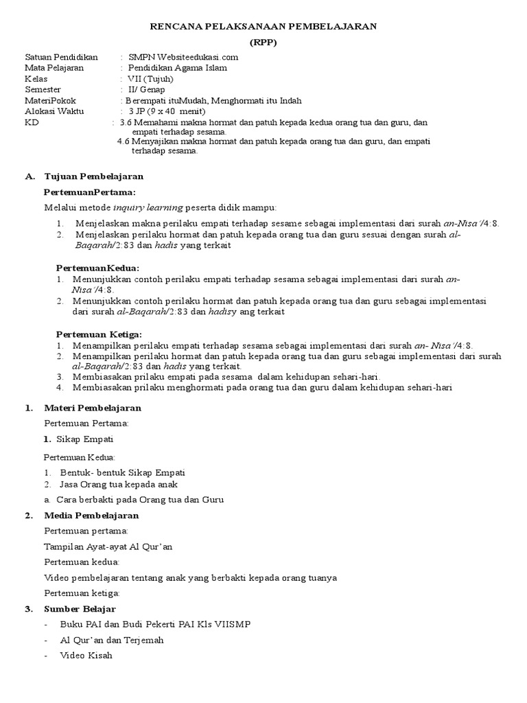 RPP Pai 1 Lembar KLS 7 Empati | PDF