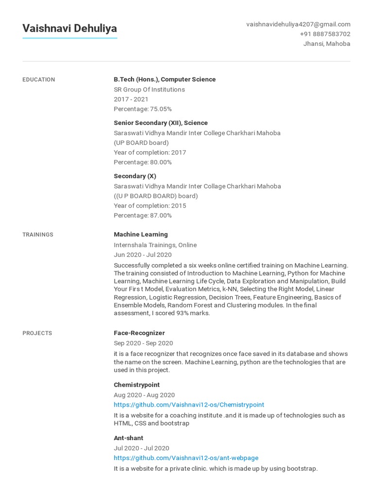 Vaishnavi Dehuliya: B.Tech (Hons.), Computer Science | PDF | Bootstrapping (Statistics ...