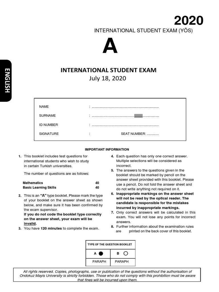 Turkish Language YOS - 2020 Paper | PDF | Test (Assessment) | Geometry