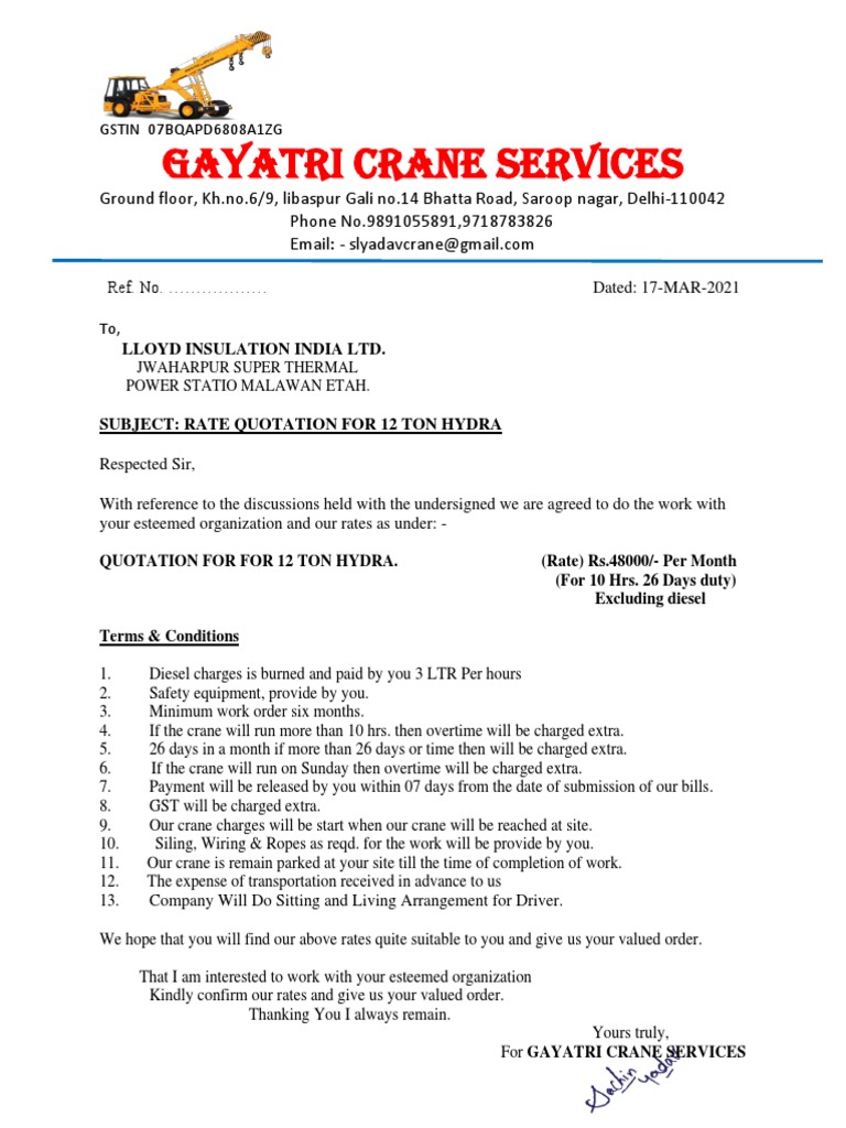 GAYATRI CRANE SERVICES Quotation 12 ToN Lloyd Insulation | PDF