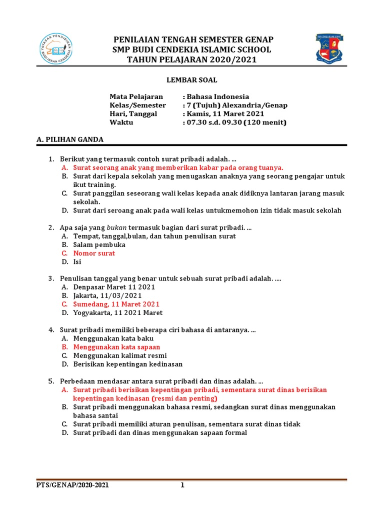 Soal PTS Genap - BINDO - Alexandria | PDF