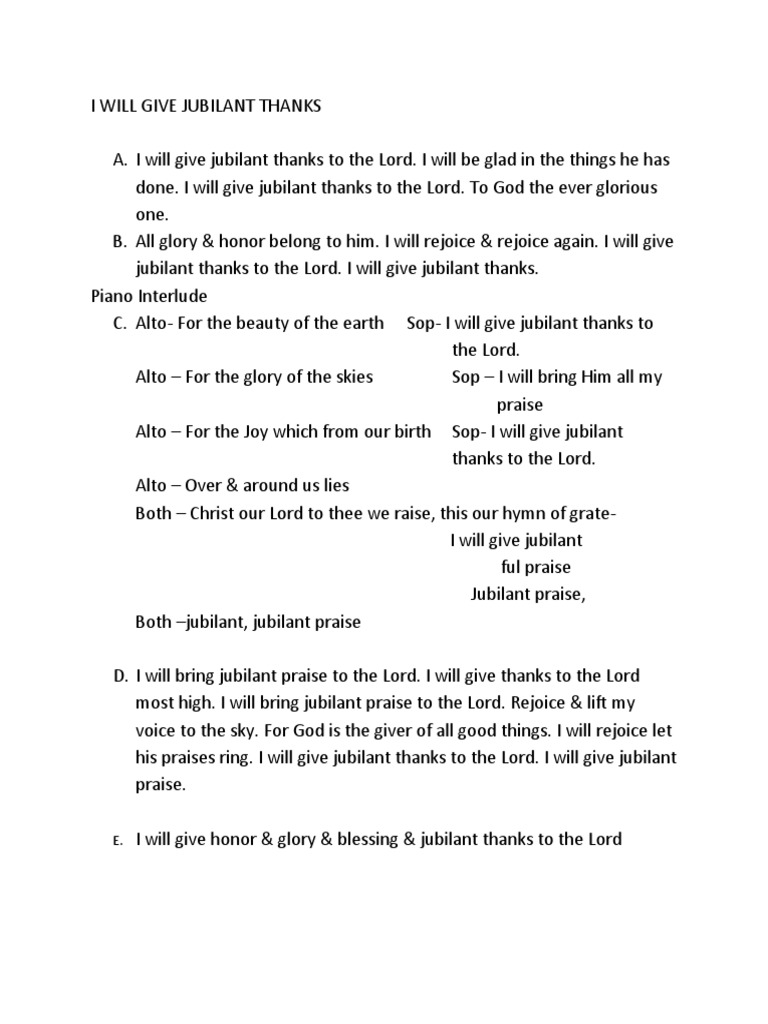 I Will Give Jubilant Thanks: A Song of Praise and Gratitude to God | PDF
