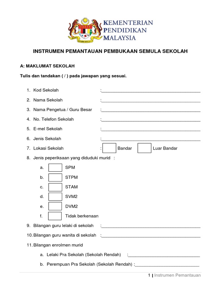 Instrumen Pemantauan Pembukaan Semula Sekolah - 16jun2020 | PDF Instrumen Pemantauan Pembukaan Semula Sekolah - 16jun2020 | PDF