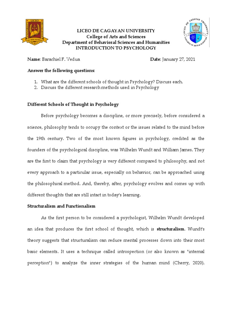 Schools of Thought in Psychology | PDF | Psychology | Metaphysics