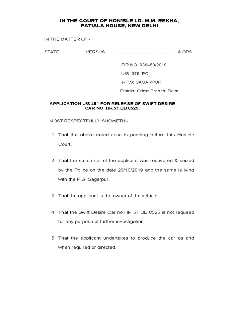 Application For Release of Car On Superdari | PDF