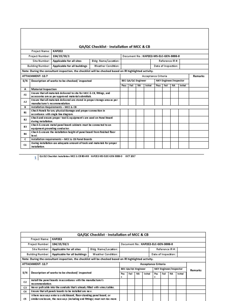 Attachment 12.7 - QA - QC Checklist - MCC & CB | PDF | Manufactured ...