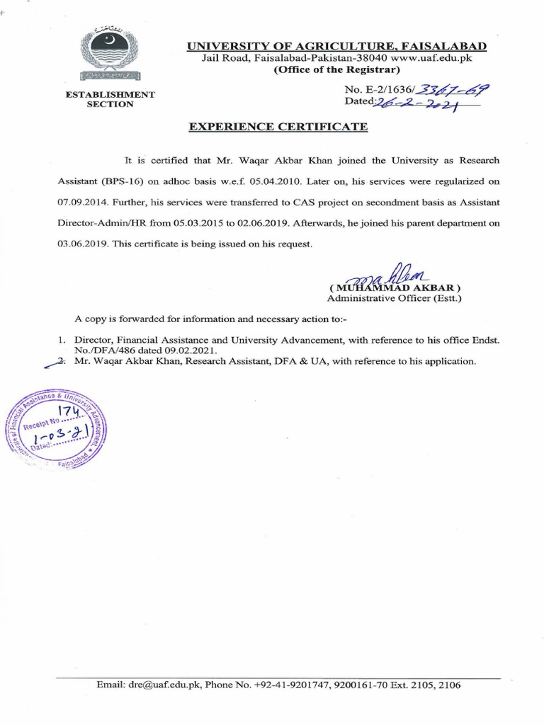 Experience Letter From UAF Waqar A. Khan | PDF