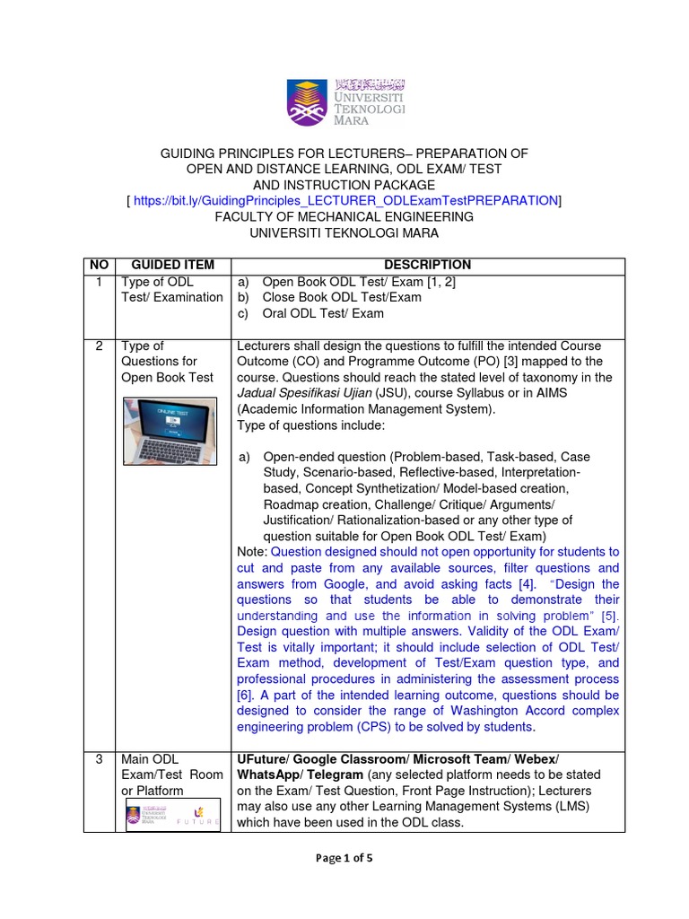GUIDING PRINCIPLE ODL EXAM-TEST FKM UITM 14 October 2020 | PDF | Test ...