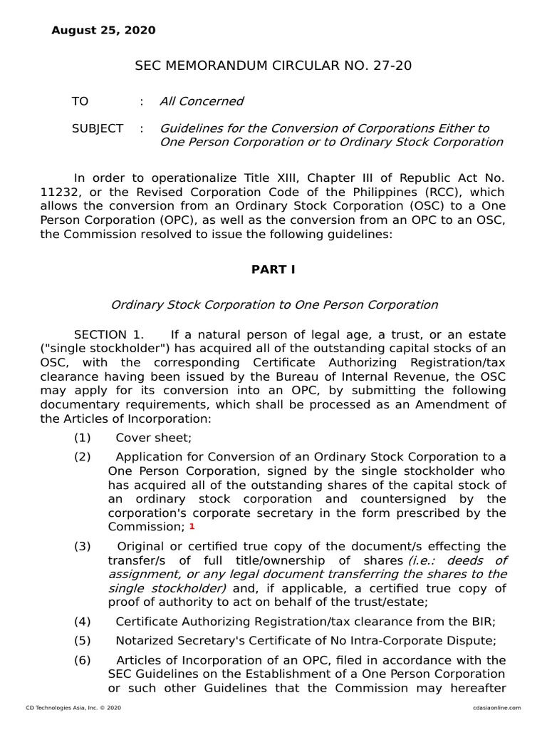 SEC MC No. 27 2020 | PDF | Corporations | Joint Stock Company