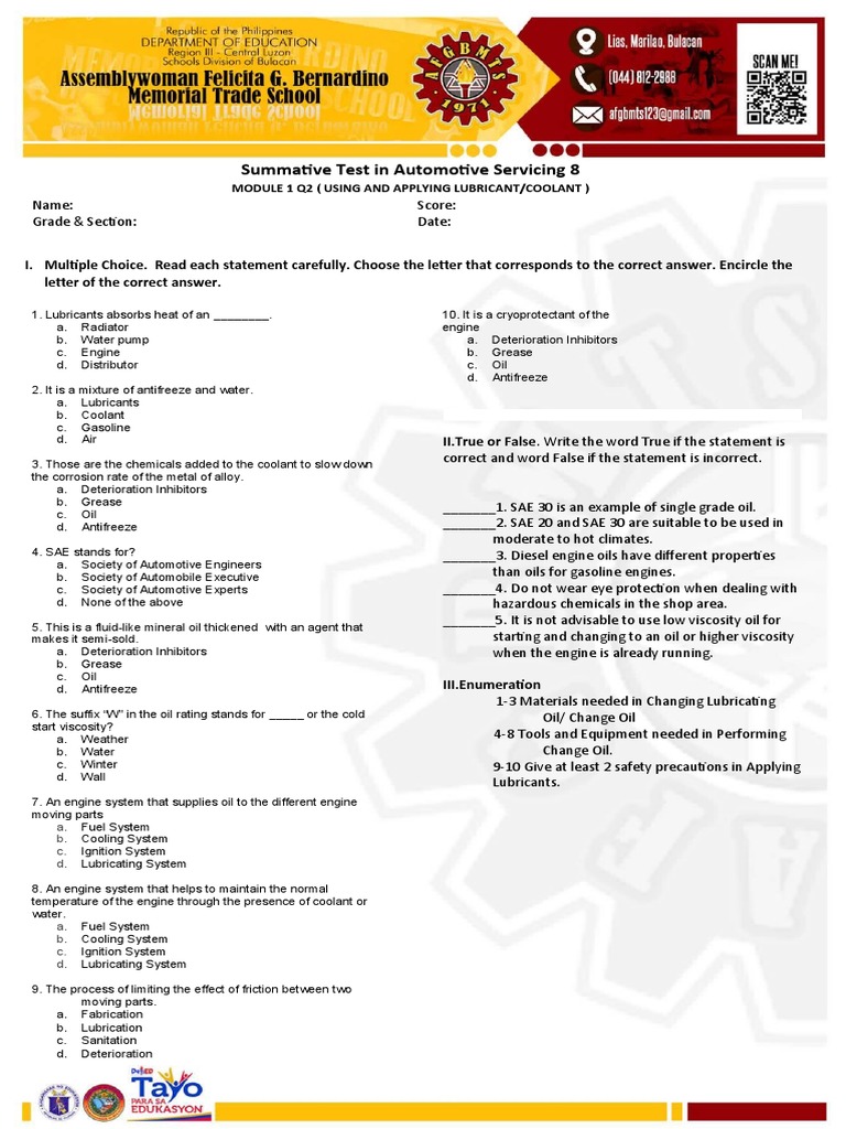 Summative Test in Automotive Servicing 8: Module 1 Q2 (Using and ...