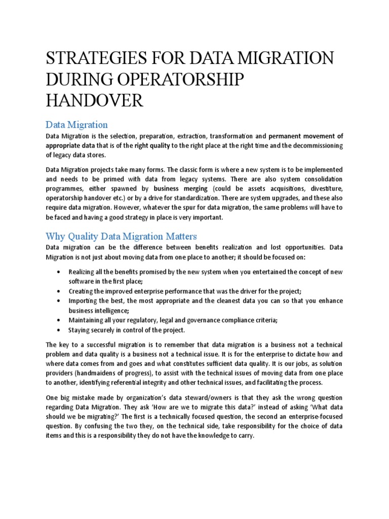 Strategies For Data Migration During Operatorship Handover | PDF ...