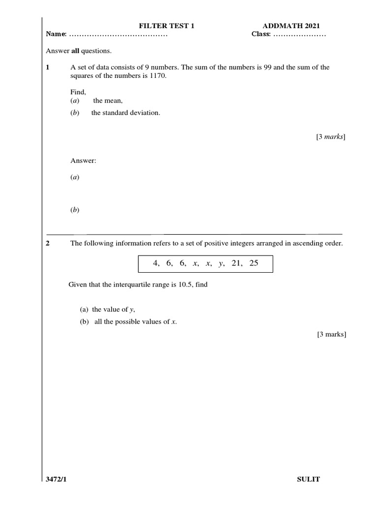 Filter Test 1 ADDMATH 2021 Name: Class | PDF | Mathematical Objects ...