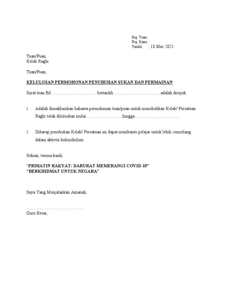 Surat Kelulusan Permohonan Penubuhan Sukan Permainan 2021 | PDF