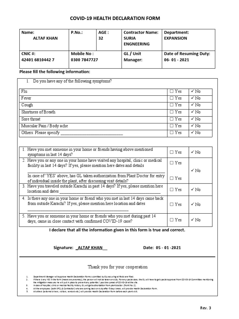 Covid-19 Health Declaration Form: Thank You For Your Cooperation | PDF ...