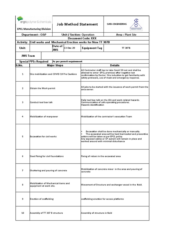 Job Method Statement for Civil Works and Mechanical Erection of New TT ...