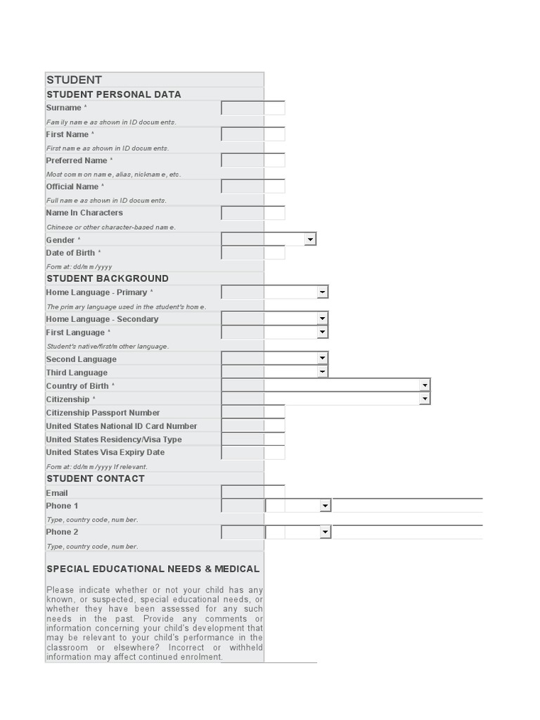 Student Data Base Form | PDF | Identity Document | Special Education