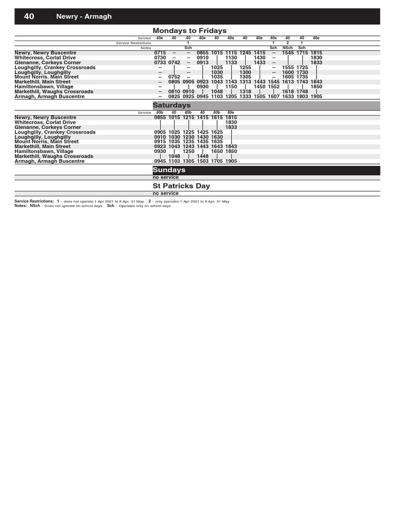 Timetable - Ulsterbus - 40e - Newry - Armagh - 22-March-2021-30-June ...