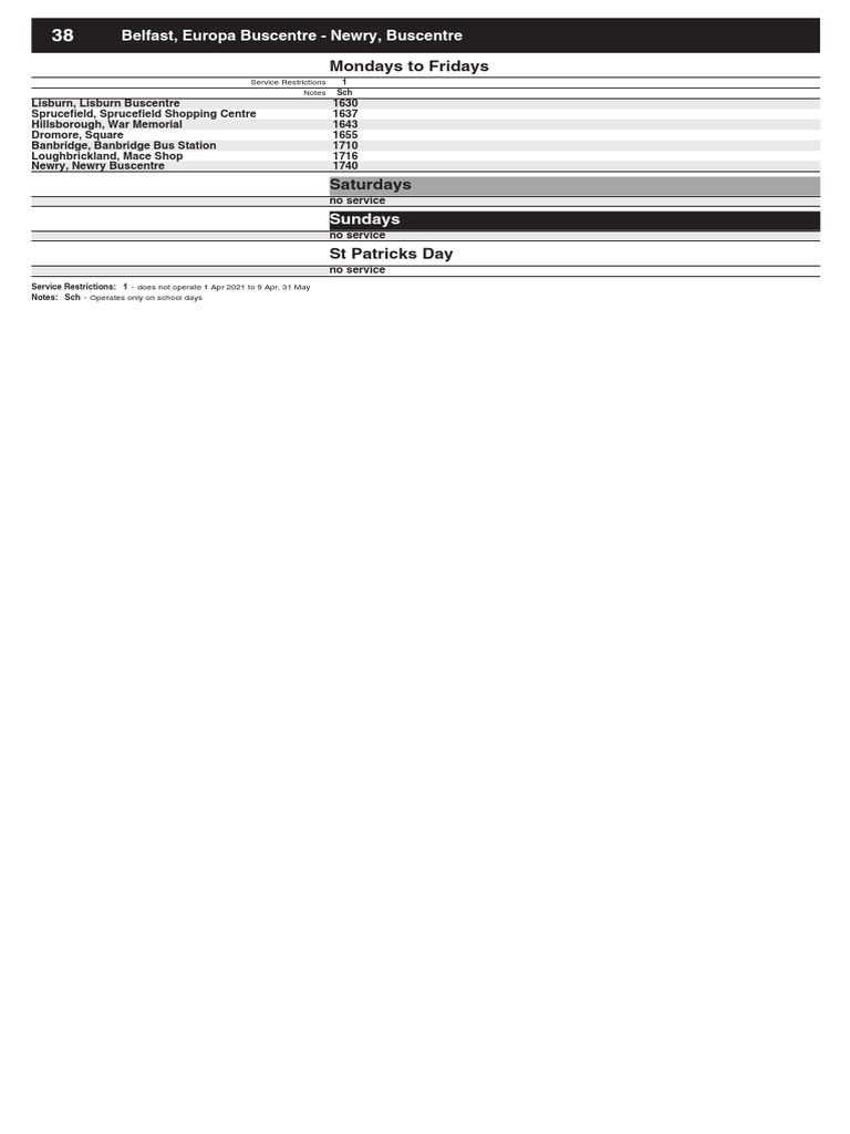Timetable - Ulsterbus - 38 - Belfast, Europa Bus Centre - Newry ...