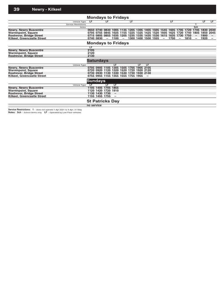 Timetable - Ulsterbus - 39 - Newry - Kilkeel - 22-March-2021-30-June ...