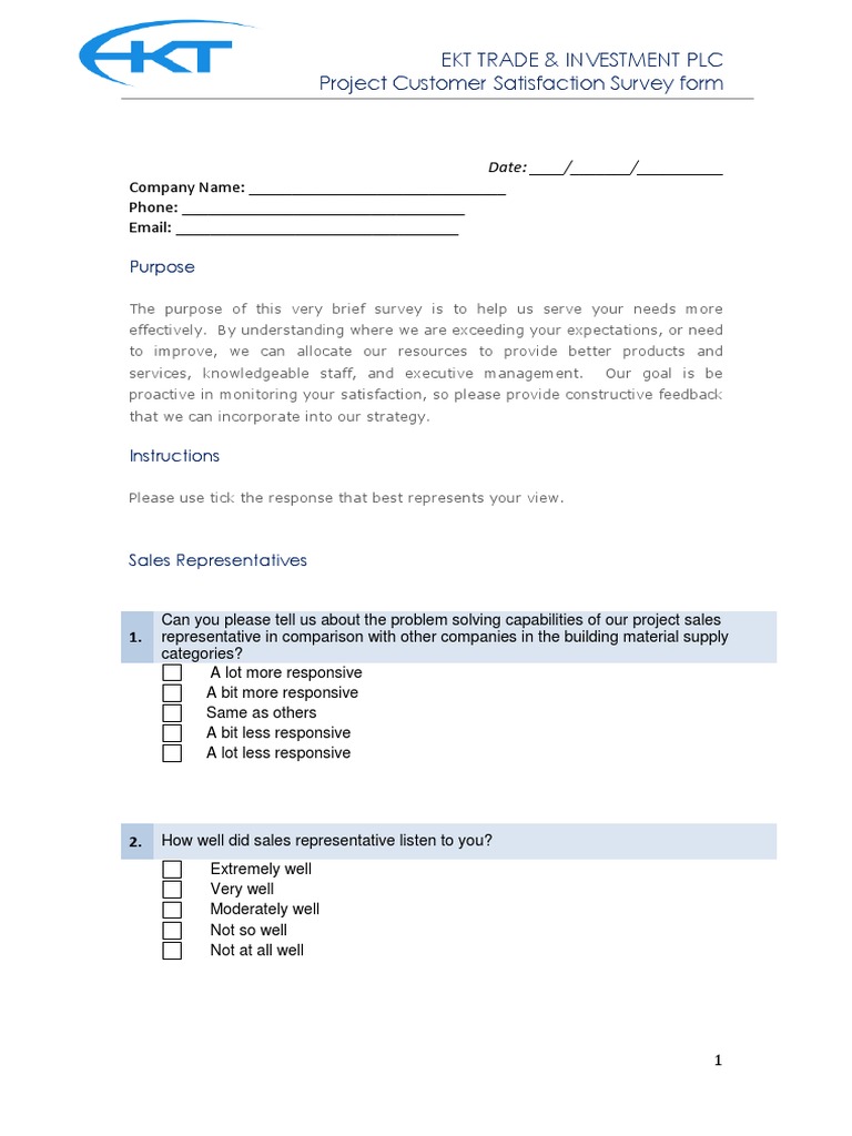 Ekt Trade & Investment PLC Project Customer Satisfaction Survey Form ...