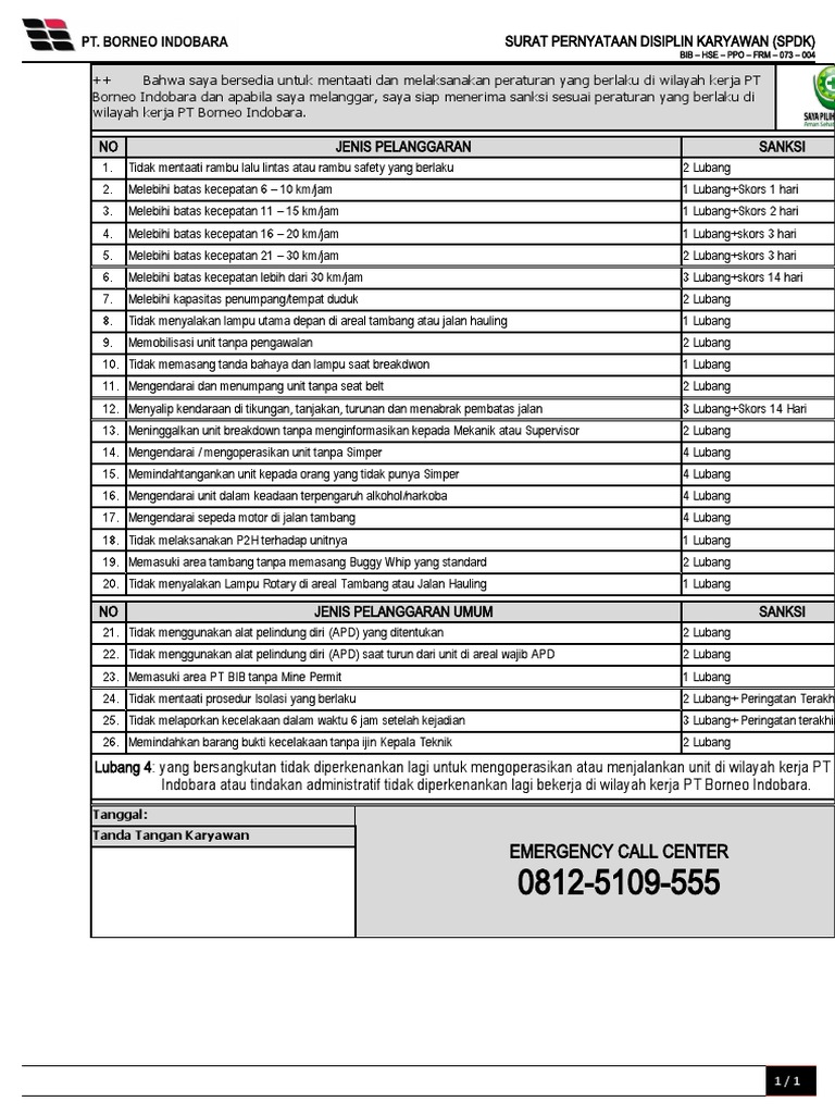 BIB - HSE - PPO - FRM - 073 - 004 Surat Pernyataan Disiplin Karyawan (SPDK) | PDF