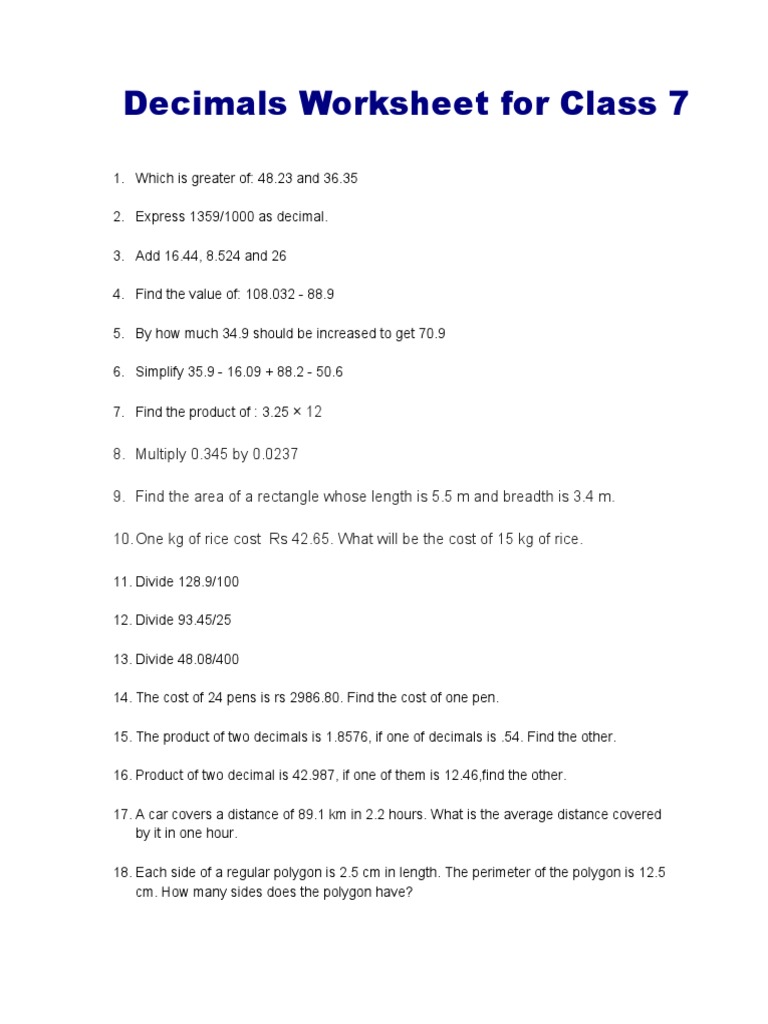 Decimals Worksheet For Class 7 | PDF
