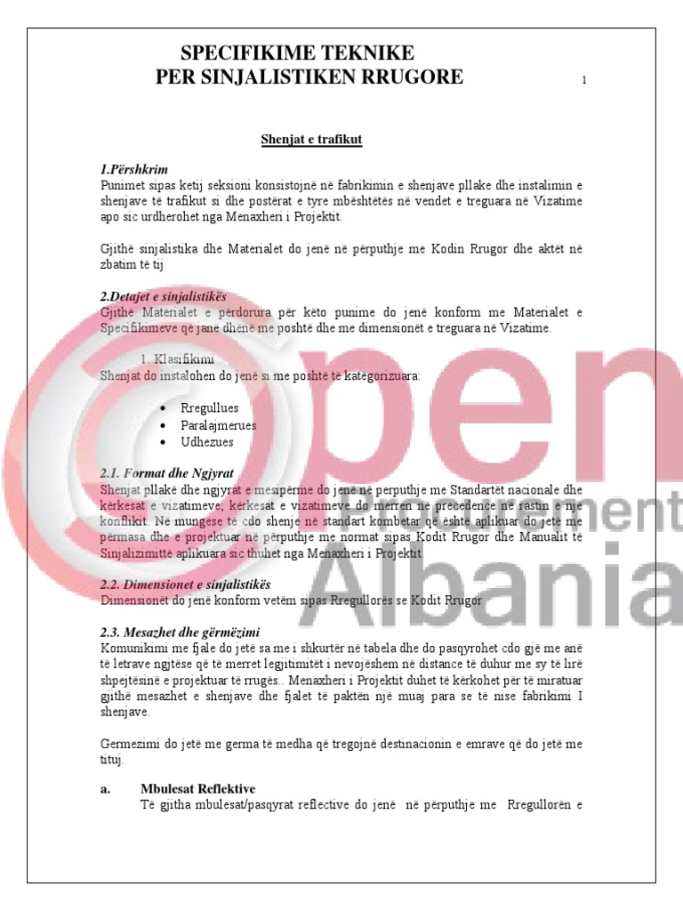 Specifikime Teknike Per Sinjalistiken Rrugore: Shenjat e Trafikut | PDF
