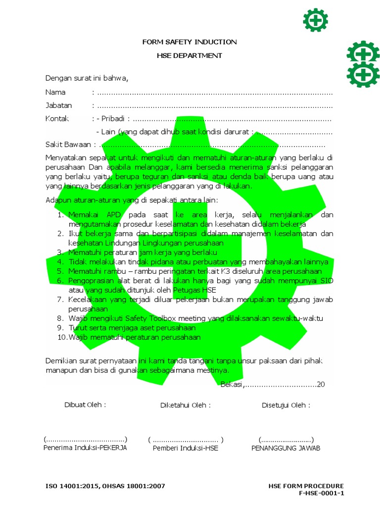 F-HSE-0001-1 General Form Safety Induction | PDF