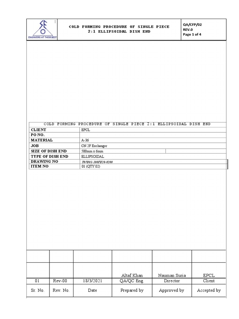 Cold Forming Procedure of Single Piece 2:1 Ellipsoidal Dish End | PDF ...