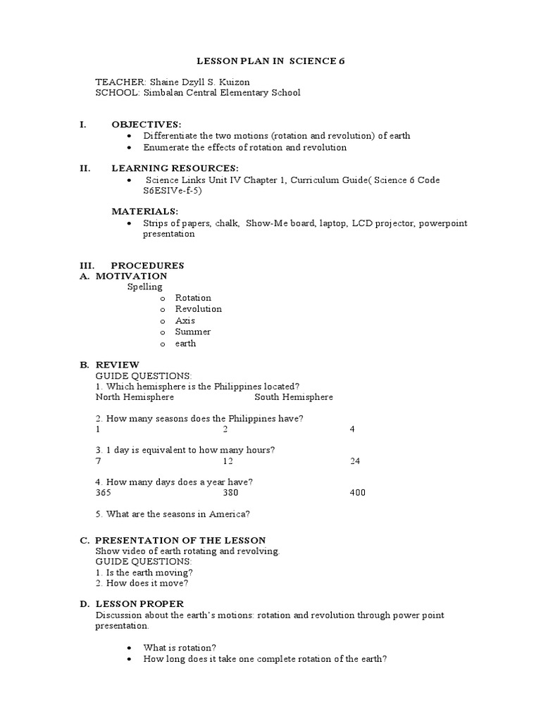 Daily Lesson Plan - Science 6 | PDF | Rotation | Revolutions