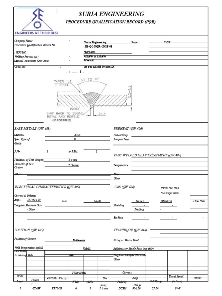 Suria Engineering: Procedure Qualification Record (PQR) | PDF | Welding | Construction