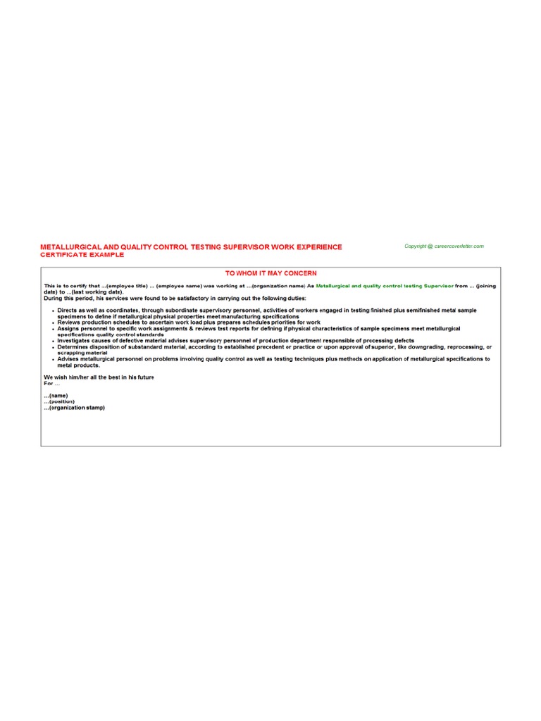 Metallurgical and Quality Control Testing Supervisor Work Experience ...