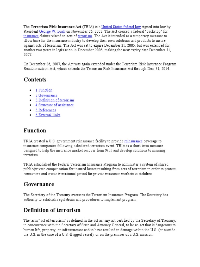 The Terrorism Risk Insurance Act | PDF | Insurance | Deductible