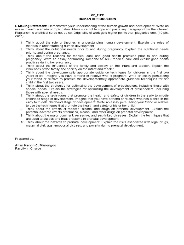 Human Reproduction Essay Topics | PDF | Prenatal Development ...