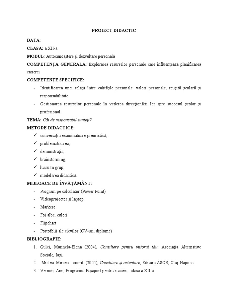 Proiect Didactic Dirigentie | PDF
