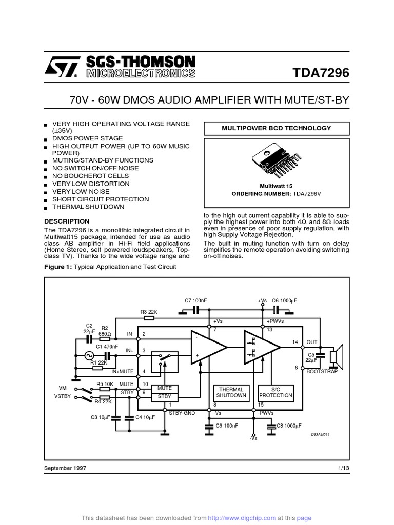 TDA7296 70V - 60W DMOS Audio Amplifier | PDF | Amplifier | Electronic ...